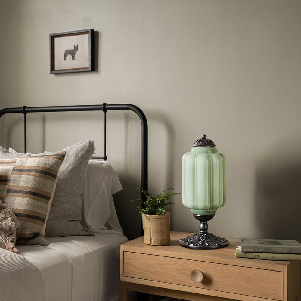 Vintage Brass Glass Textured Bedside Lamp | Farmhouse Black Glass Small ...