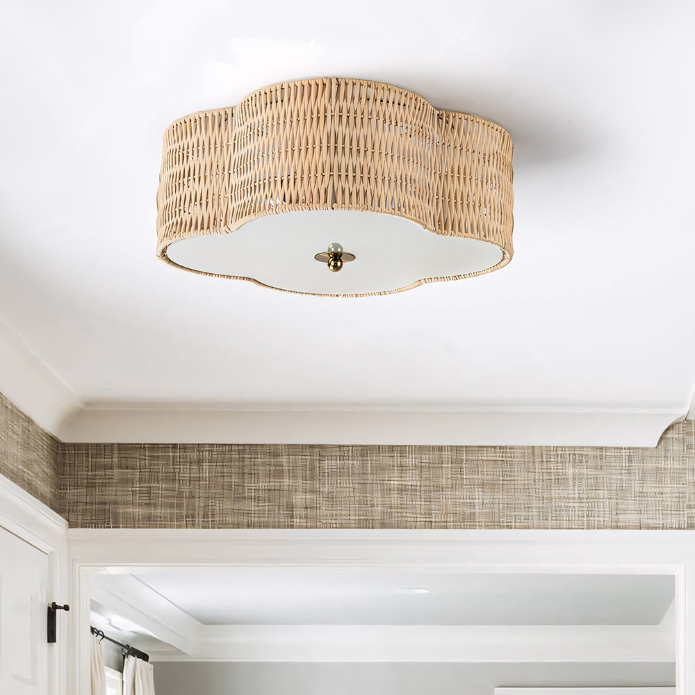 Boho Style Woven Ceiling Light | Coastal Semi Rattan Flush Mount ...